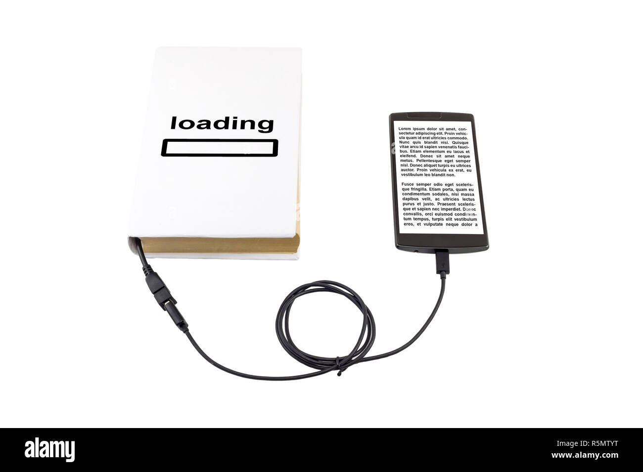 Book connected to a smartphone through an USB cable. Optical character ...