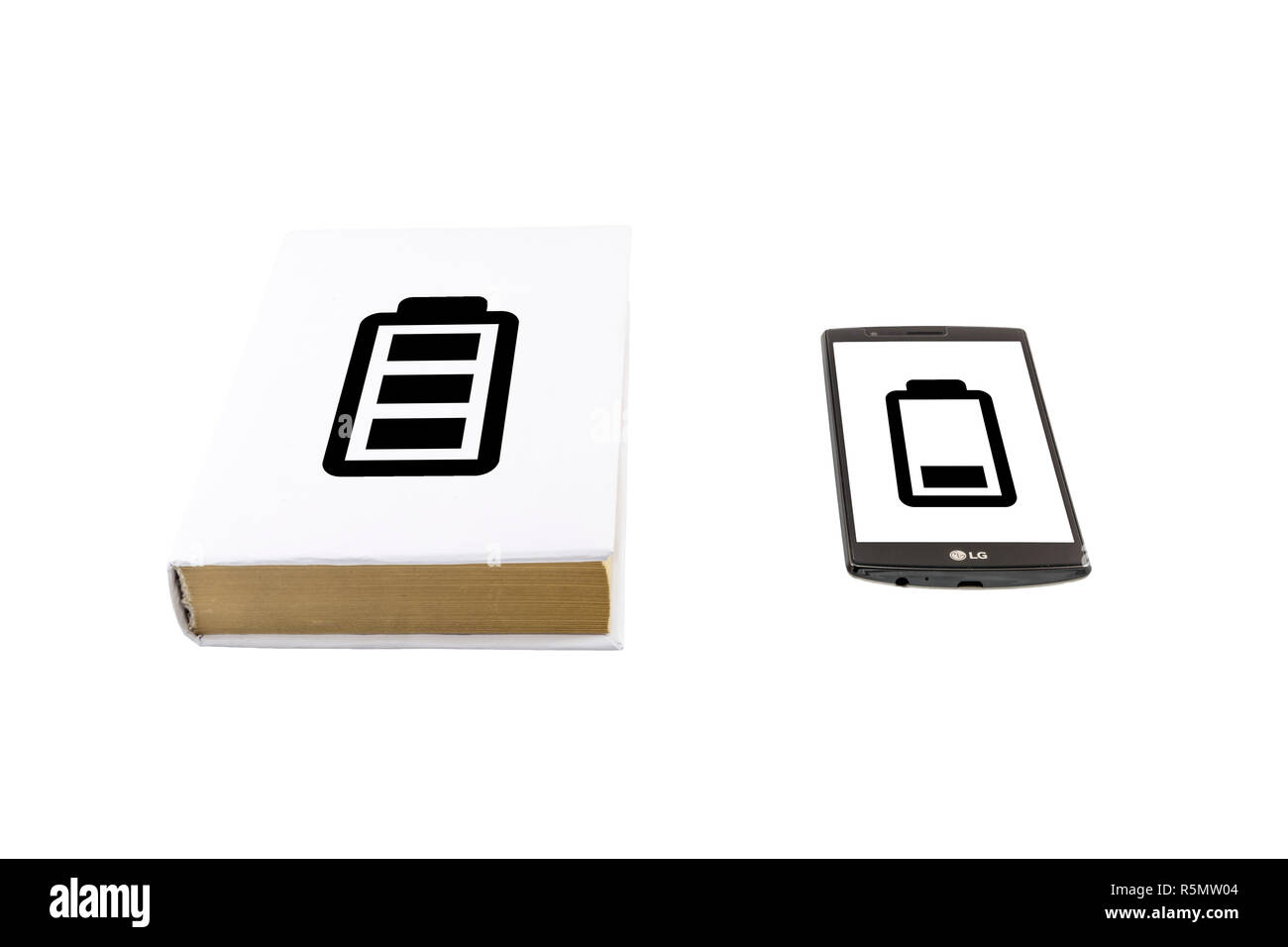 Comparison of a smartphone and a book isolated on white. Battery life ...