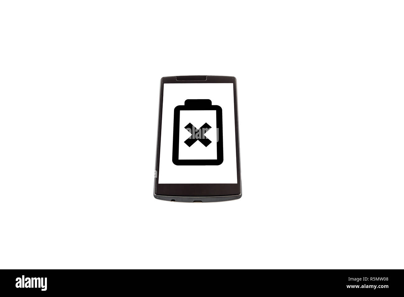 Smartphone with battery symbol on the screen isolated on white ...