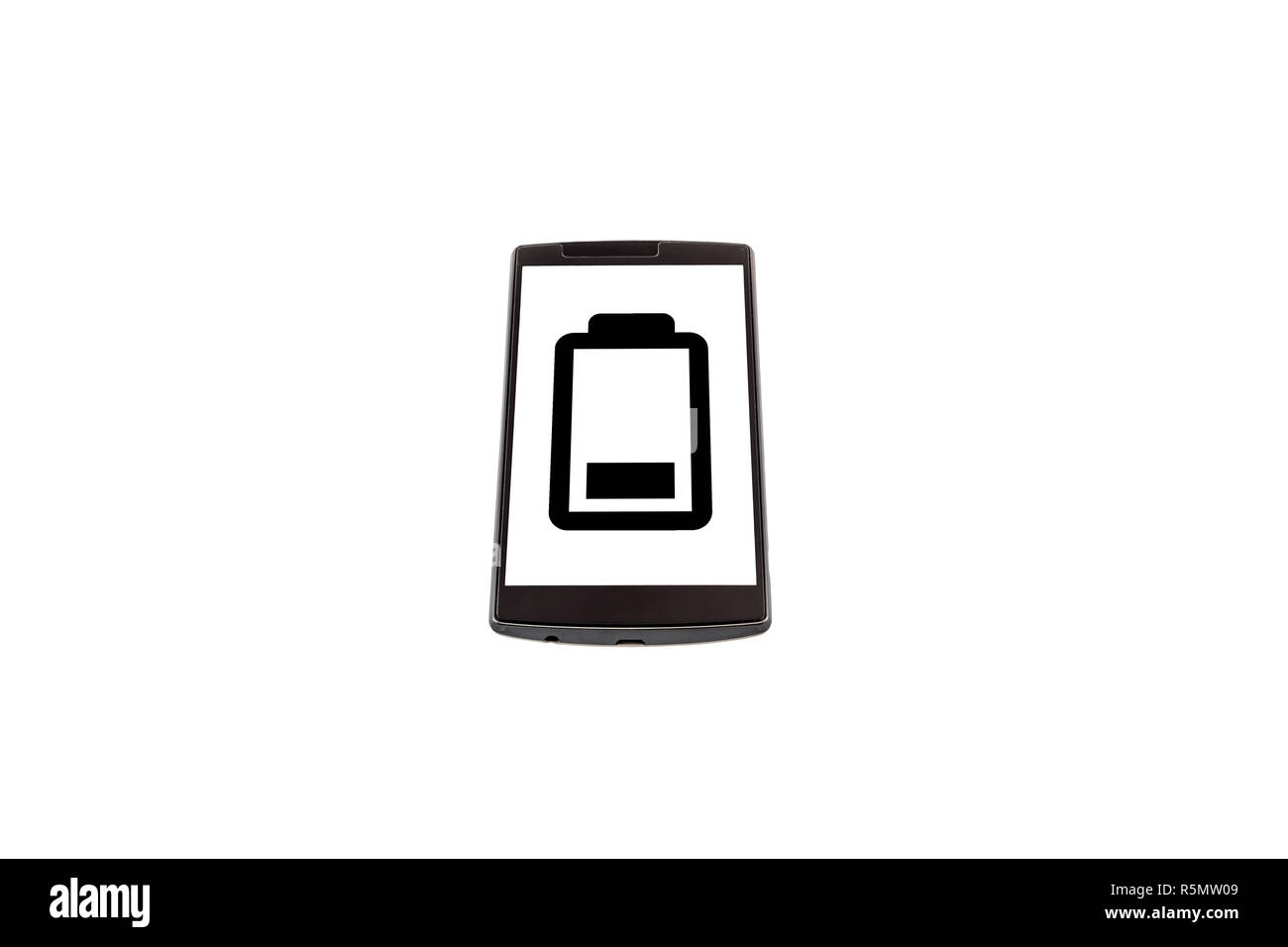 Smartphone with battery symbol on the screen isolated on white ...