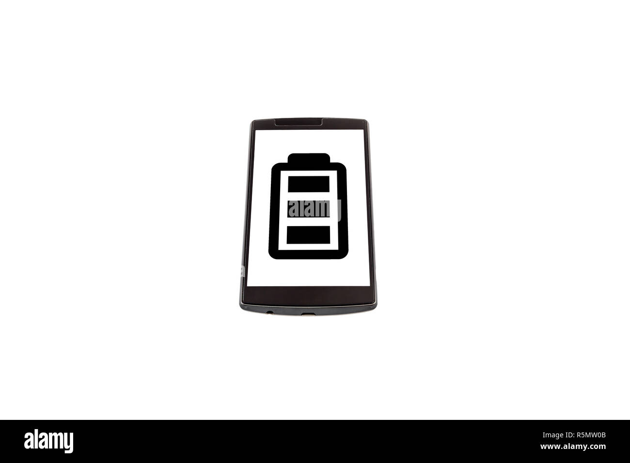 Smartphone with battery symbol on the screen isolated on white ...