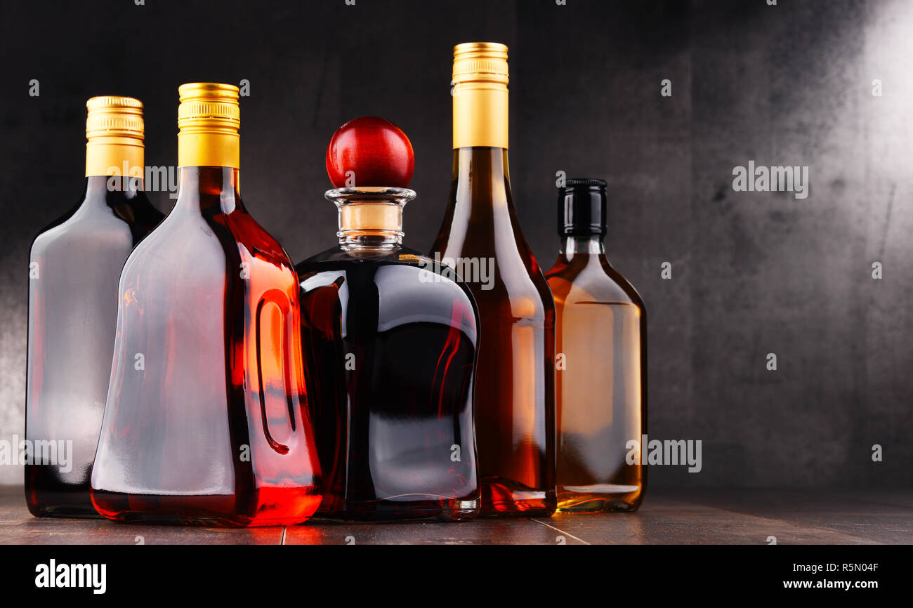 Bottles Of Assorted Alcoholic Beverages Stock Photos & Bottles Of ...