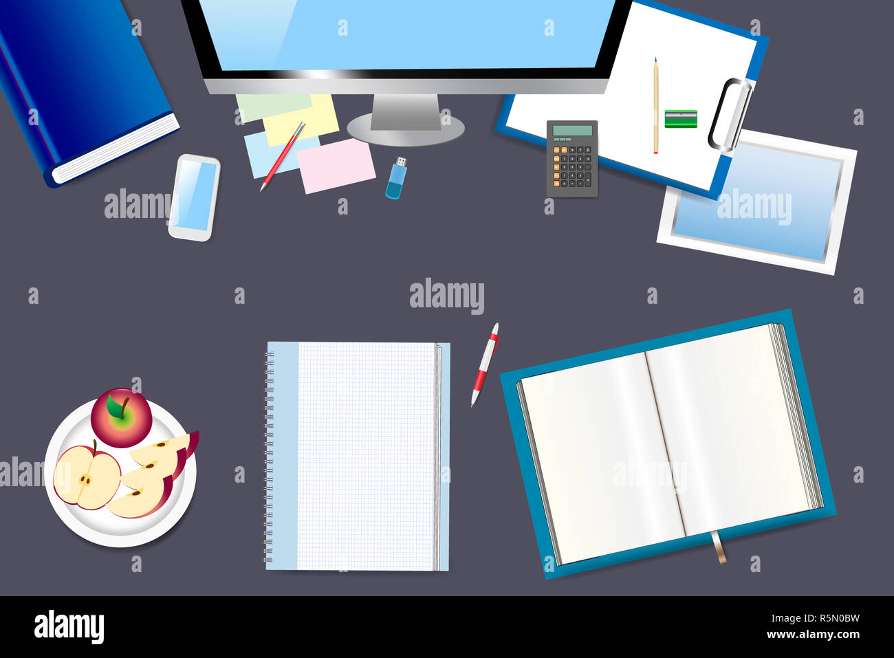 Office table with office equipment Stock Photo - Alamy