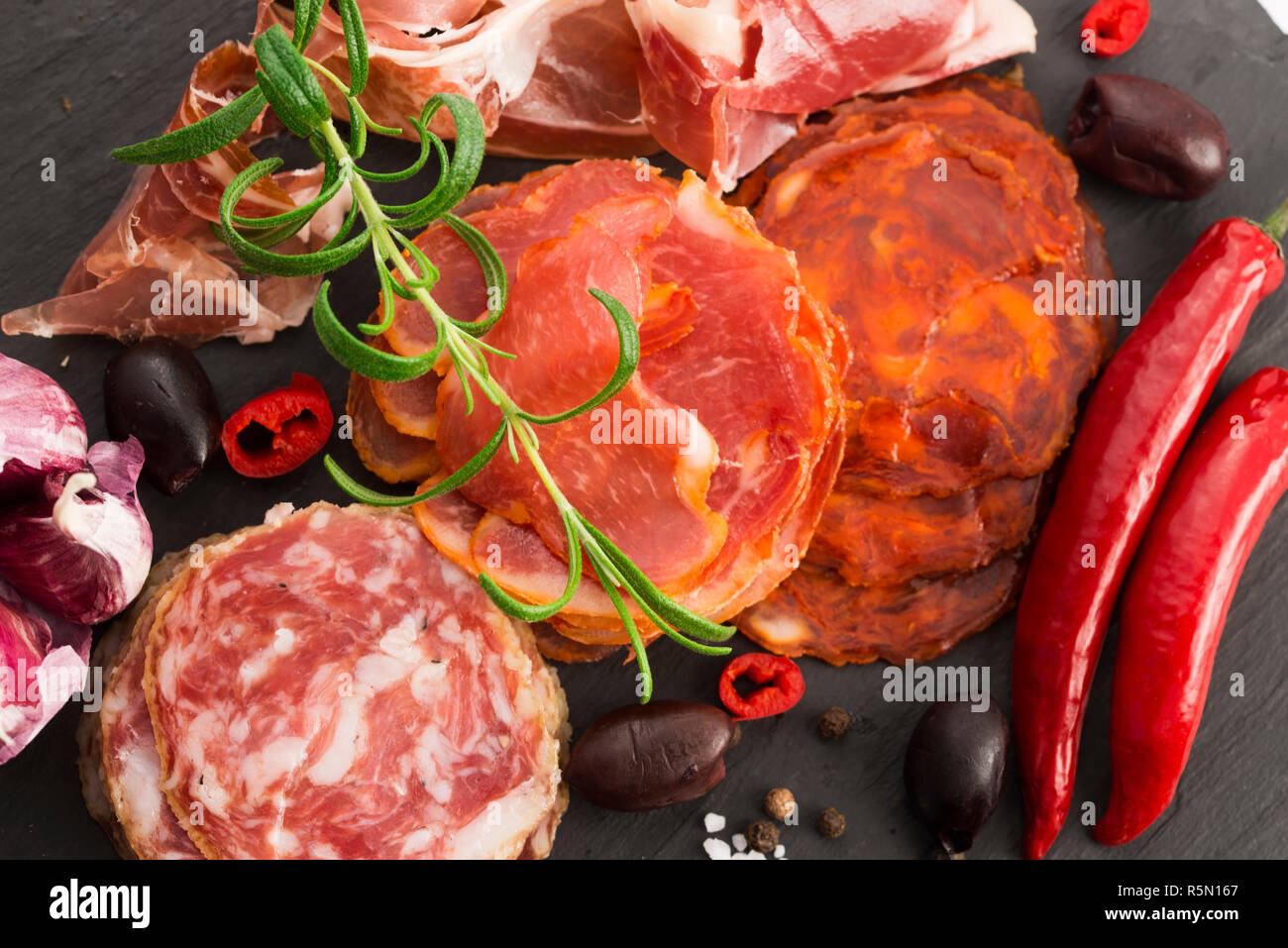 a pile of different spanish embutido,jamon,chorizo u200bu200band lomo ...