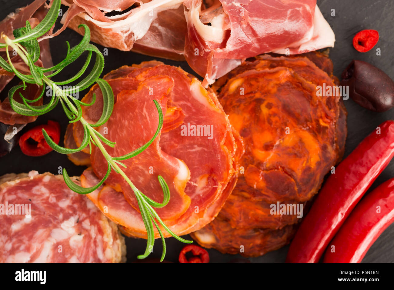 a pile of different spanish embutido,jamon,chorizo u200bu200band lomo ...