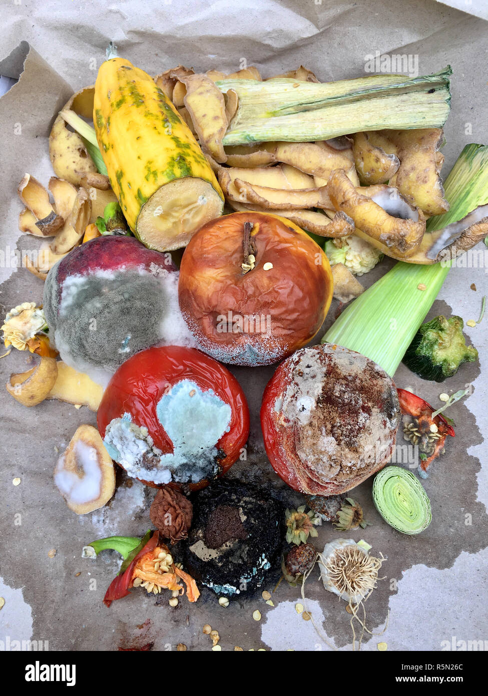 moldy fruits and vegetables on gray paper in close-up Stock Photo - Alamy