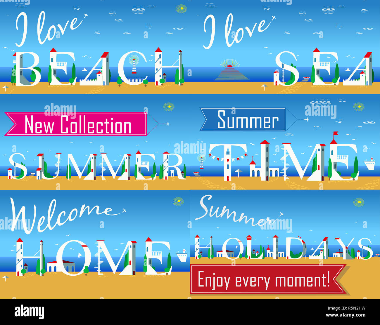 Travel cards. Artistic font. Summer beach Stock Photo - Alamy