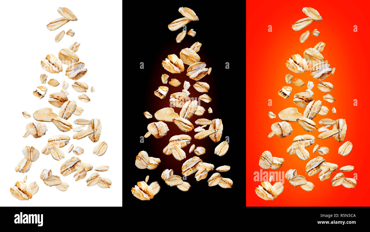 Oat flakes isolated on white, black and red color backgrounds. Falling ...