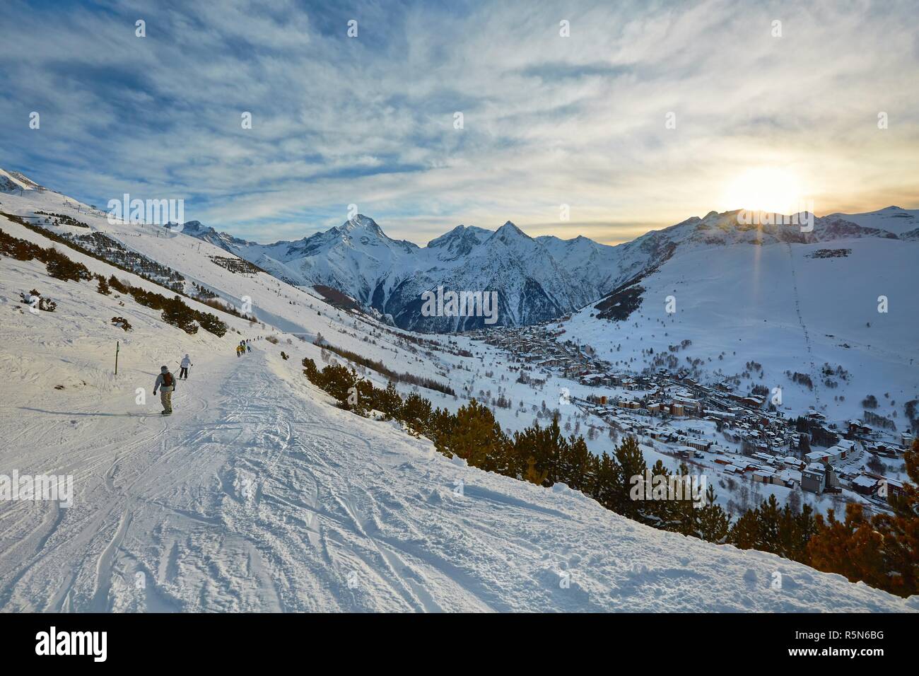 Skiing slopes, majestic Alpine landscape Stock Photo - Alamy