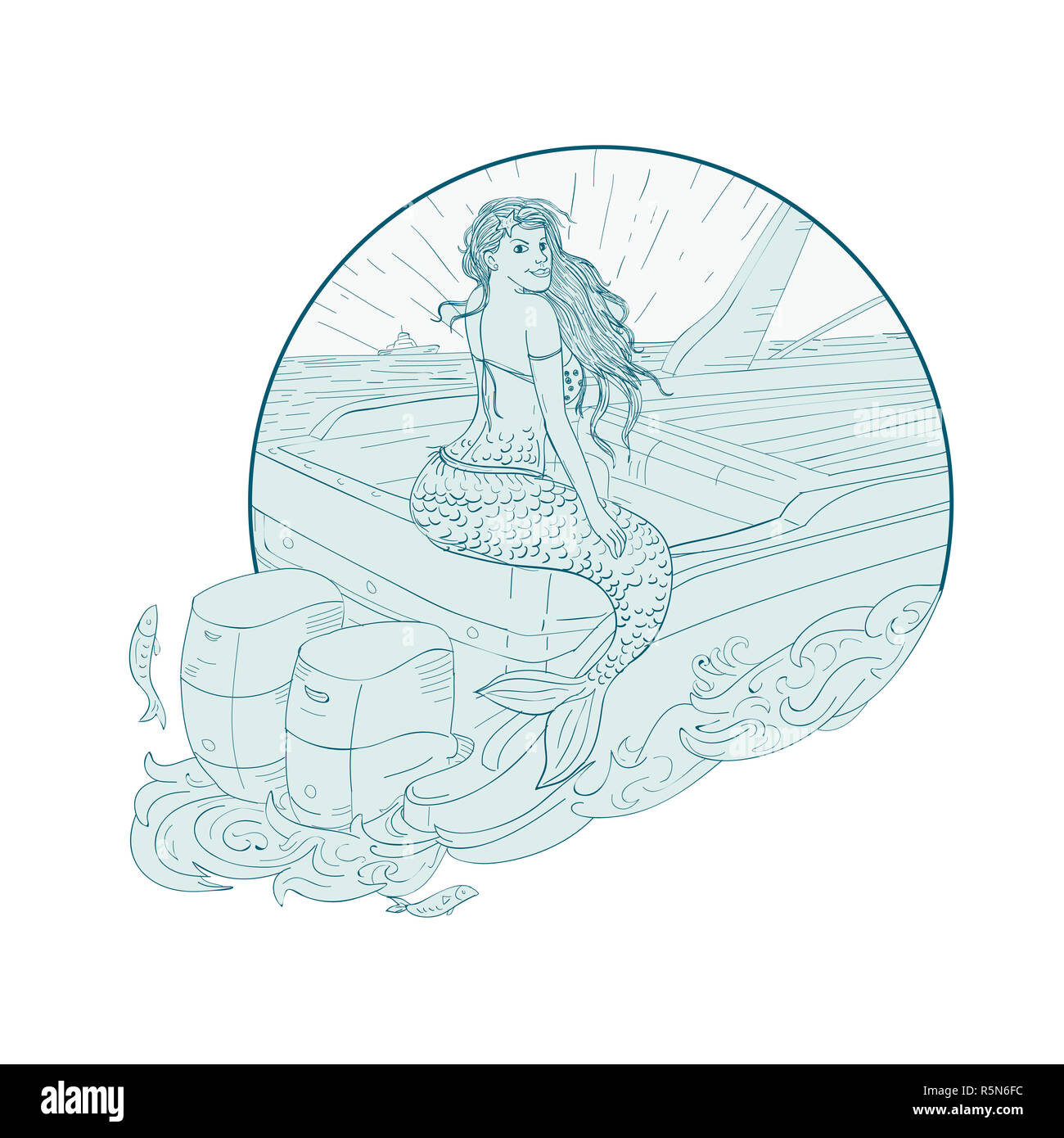 Mermaid Sitting on Boat Drawing Stock Photo - Alamy