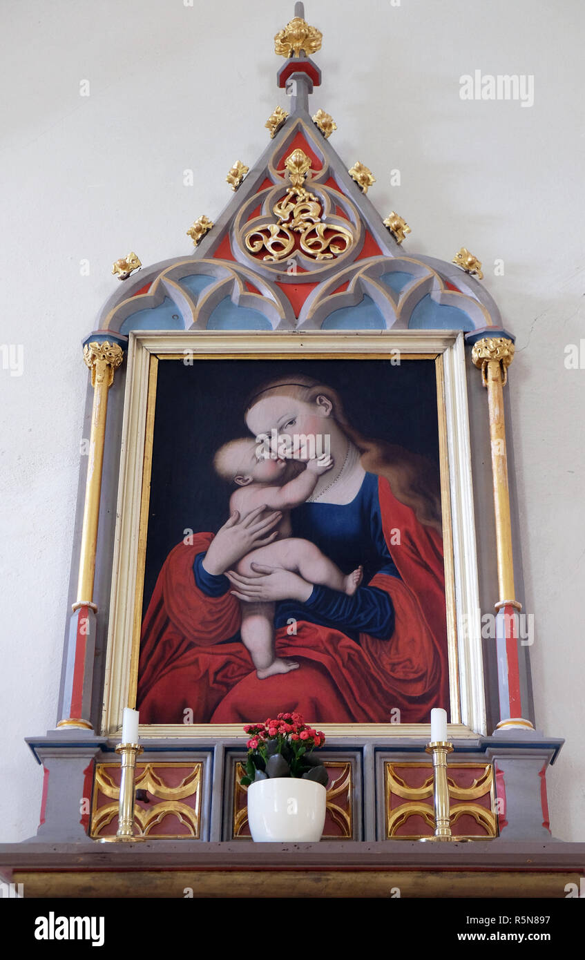 Virgin Mary altar in the Saint Nicholas church in Petschied near Luson ...