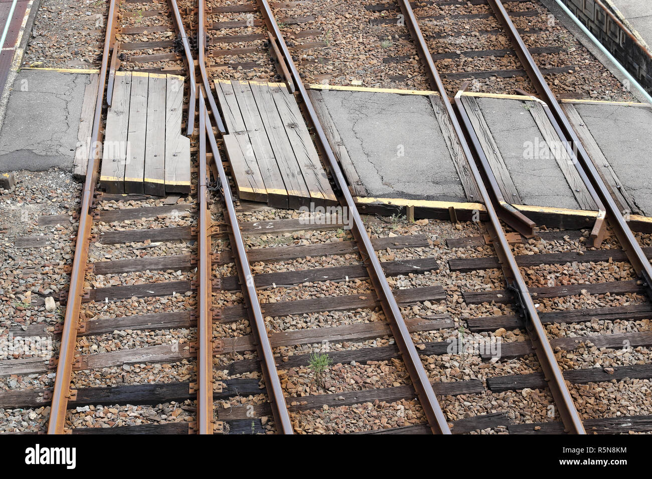railroad crossing, line of track crossing, top view Stock Photo - Alamy