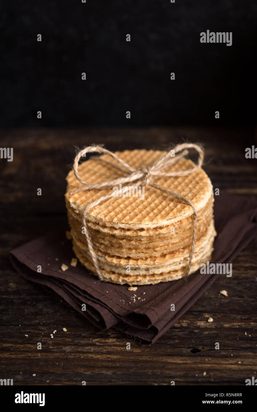 Dutch waffles, stroopwafel with caramel. Stack of traditional homemade ...