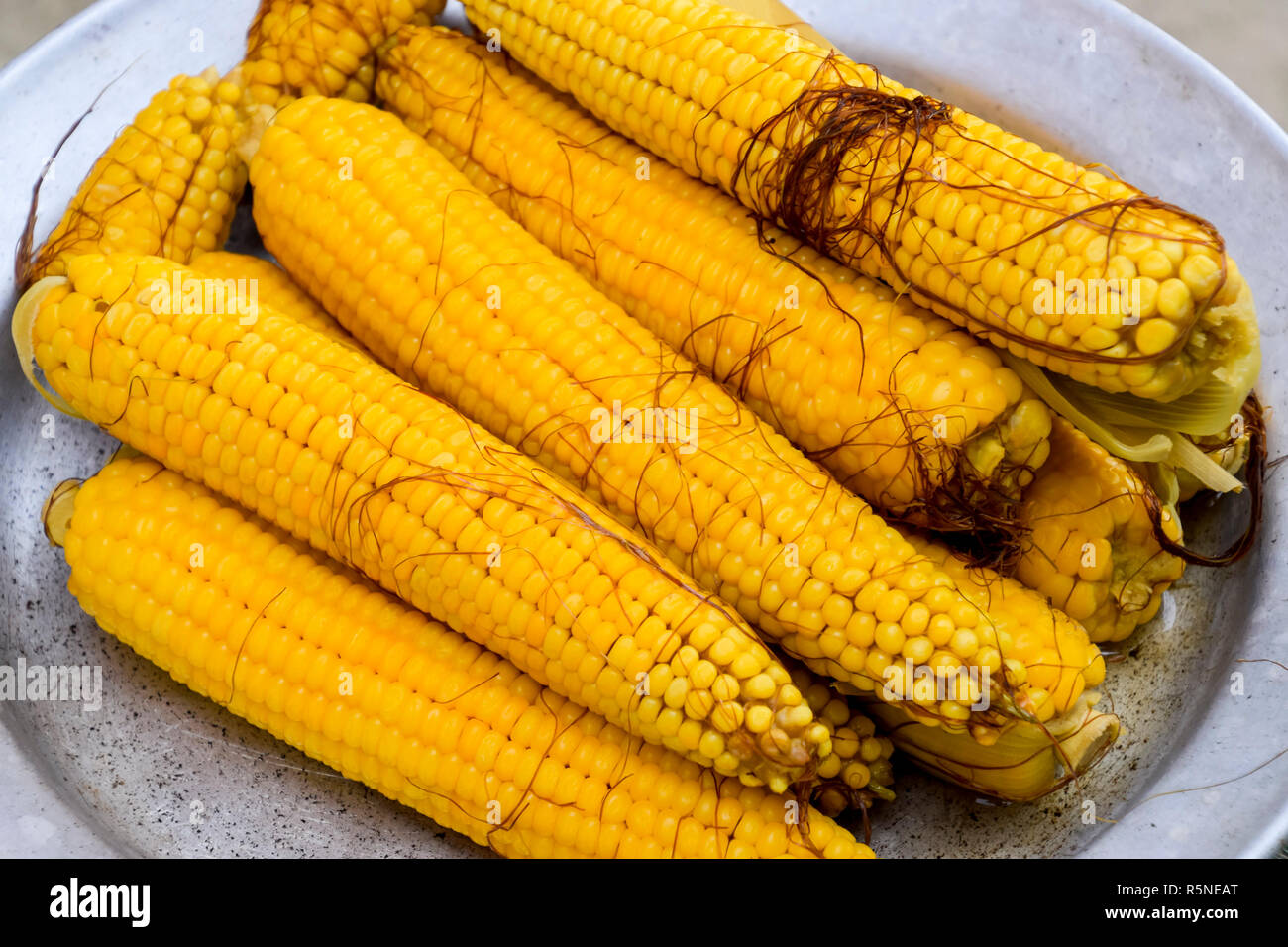 Boiled corn on an aluminum tray. Corn near. Closeup of corn. Yellow ...