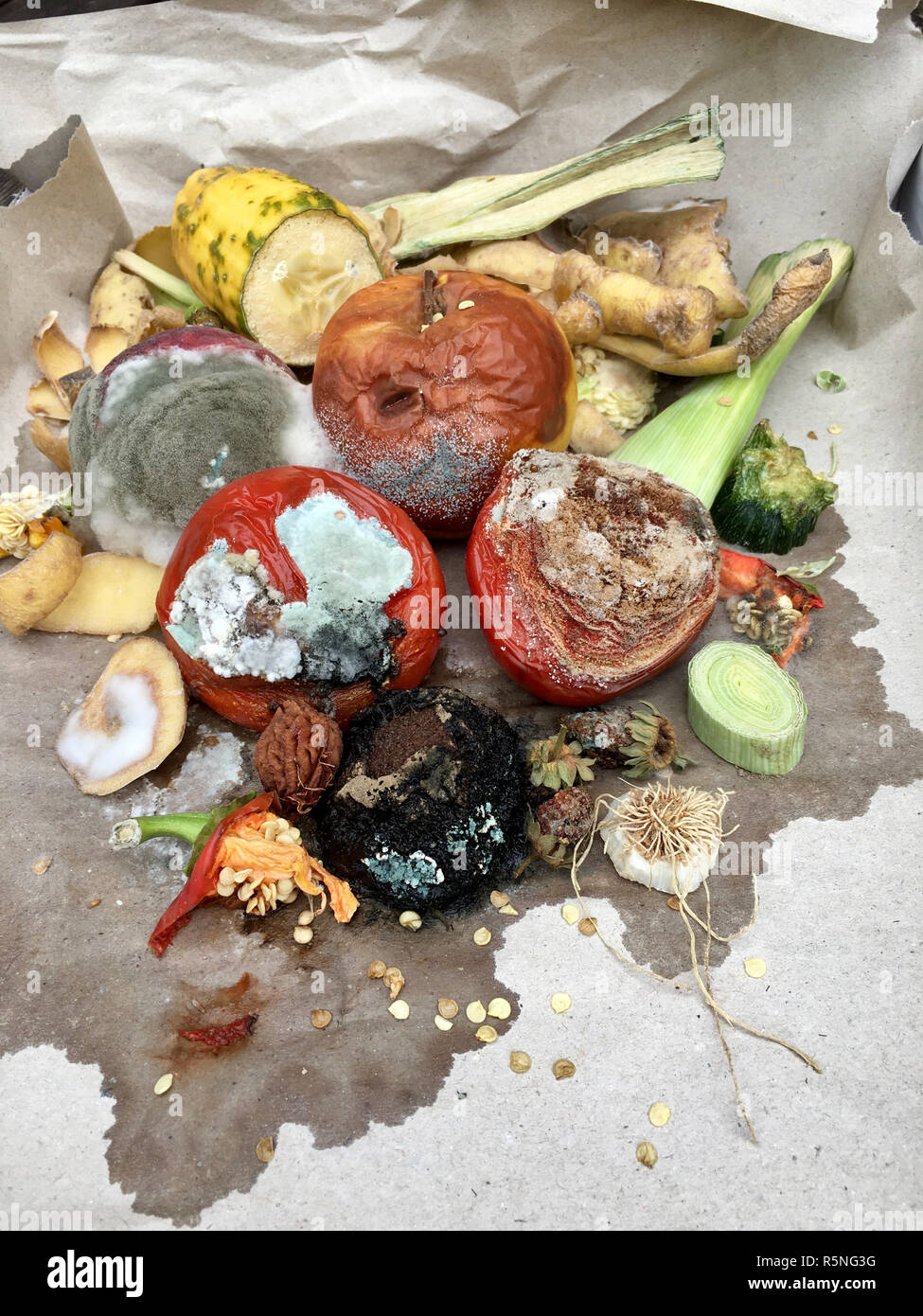 moldy fruits and vegetables on gray paper Stock Photo - Alamy