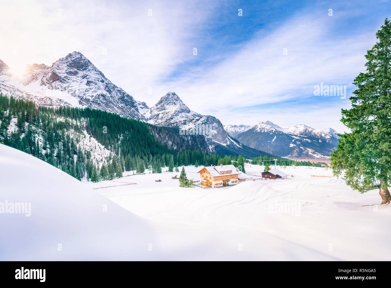 Alpine village in winter decor Stock Photo - Alamy