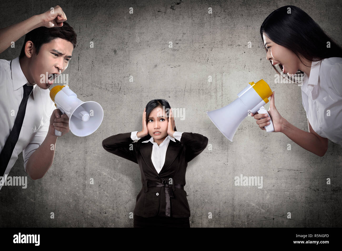 Business leader give order via megaphone to subordinate Stock Photo - Alamy