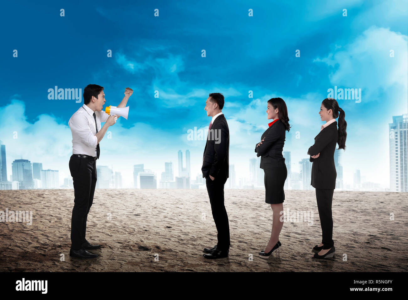 Leader give order via megaphone to his subordinate Stock Photo - Alamy Leader give order via megaphone to his subordinate Stock Photo - Alamy