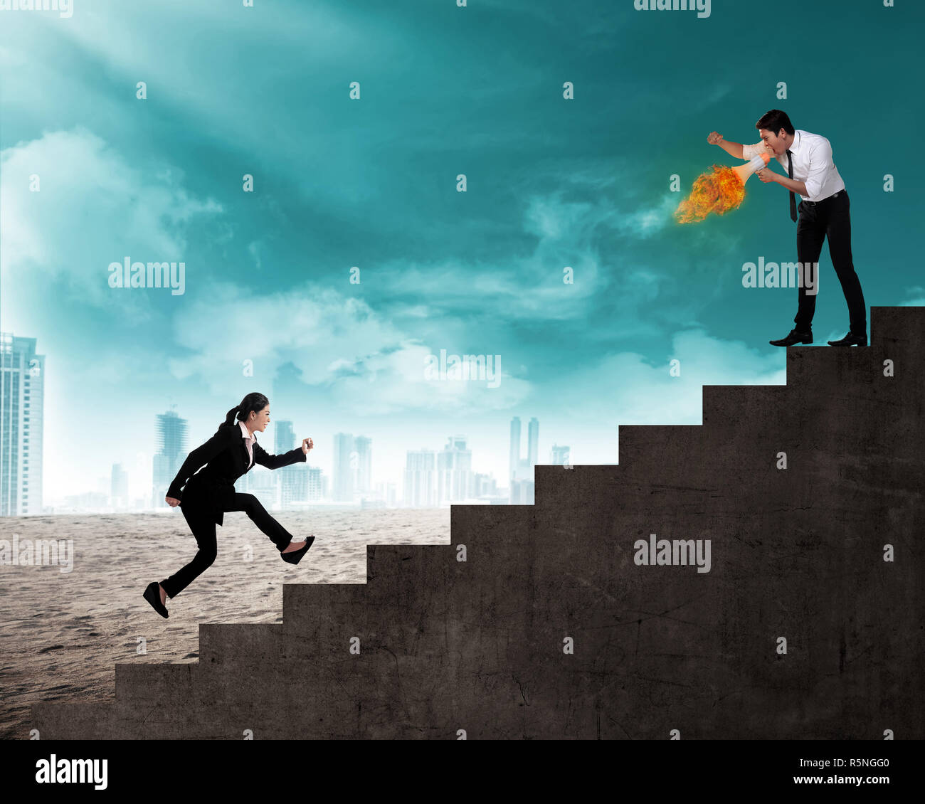 Asian woman female using talking speaking into megaphone hi-res stock ...