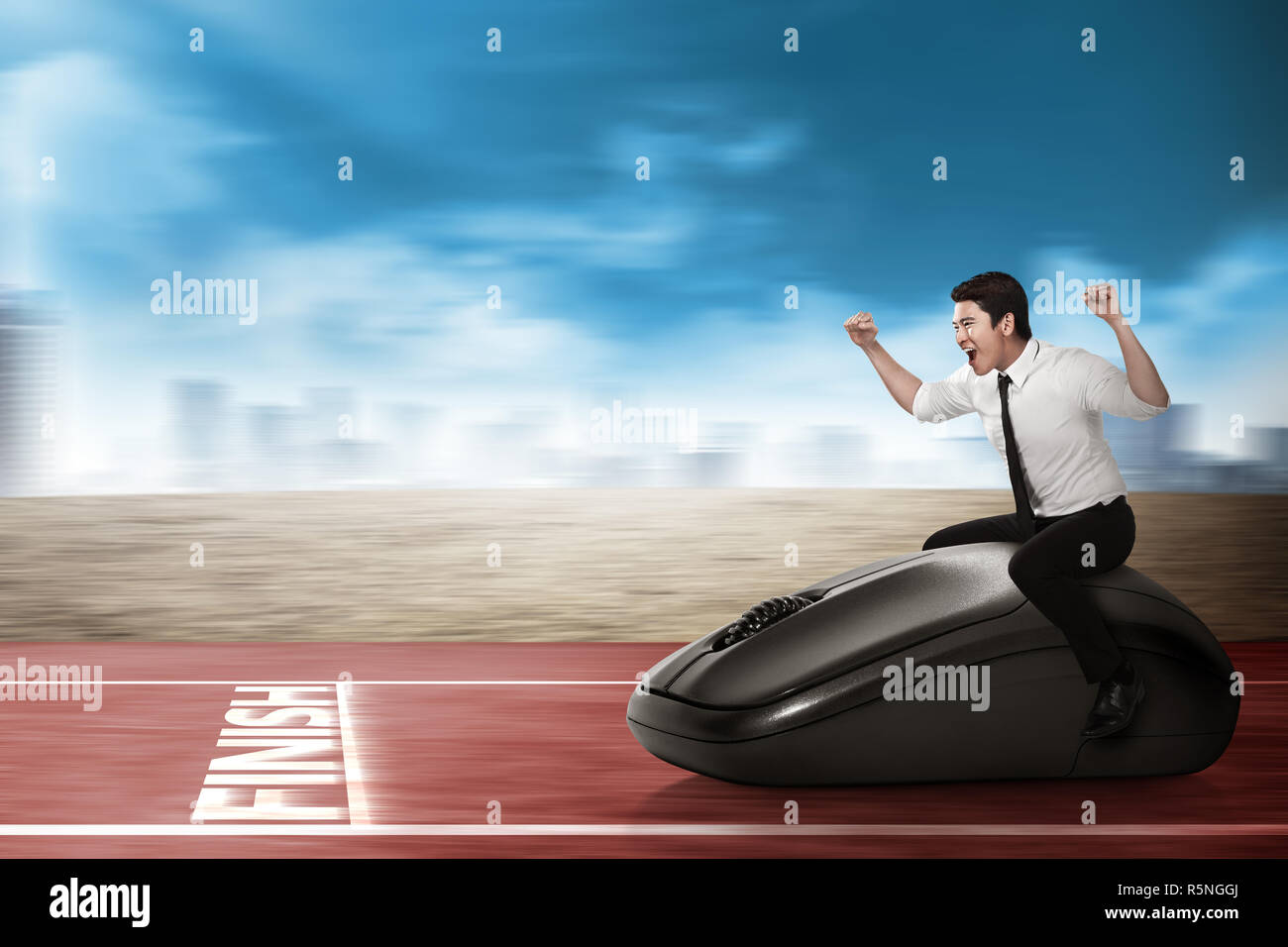Asian business person riding computer mouse Stock Photo - Alamy