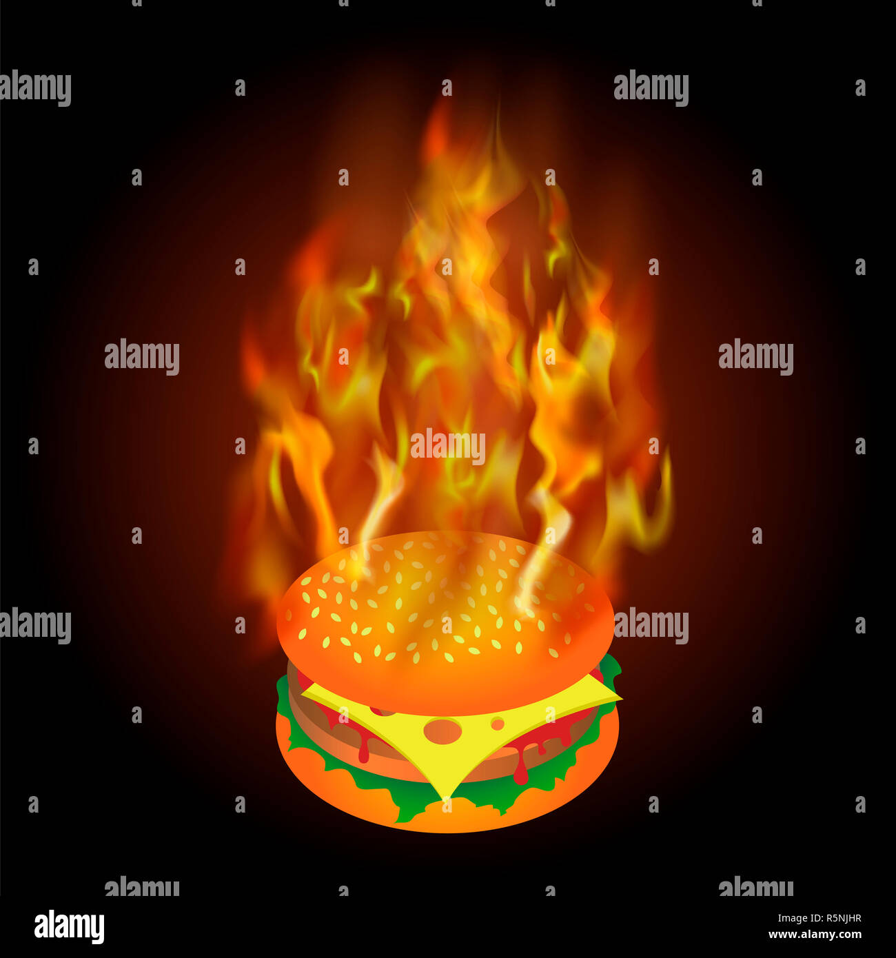 Burning Fresh Hamburger with Fire Flame Stock Photo - Alamy