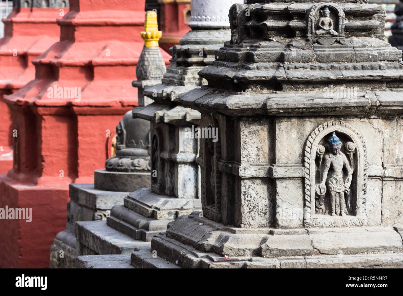 The smaller chaityas of Kathesimbhu stupa, Kathmandu, Nepal Stock Photo ...