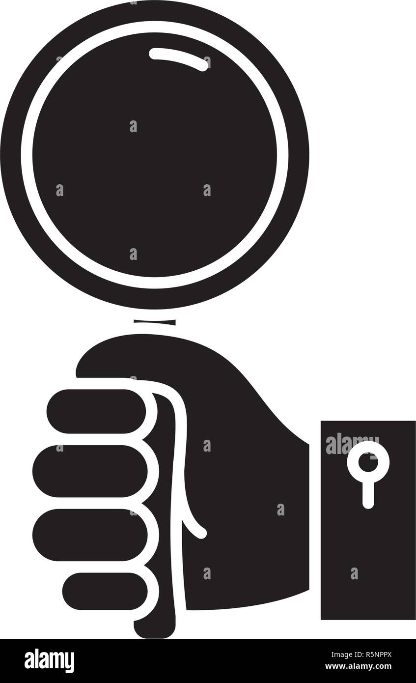 Hand with magnifier black icon, vector sign on isolated background ...