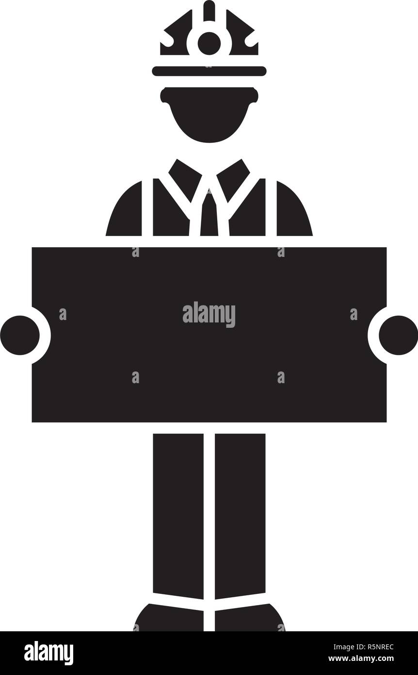 Builder with a sign black icon, vector sign on isolated background ...