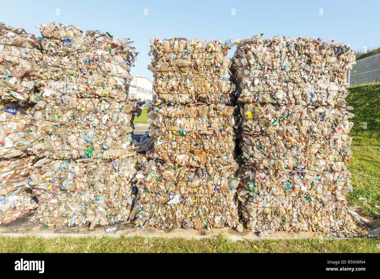 Plastic bales of rubbish at the waste treatment processing plant ...