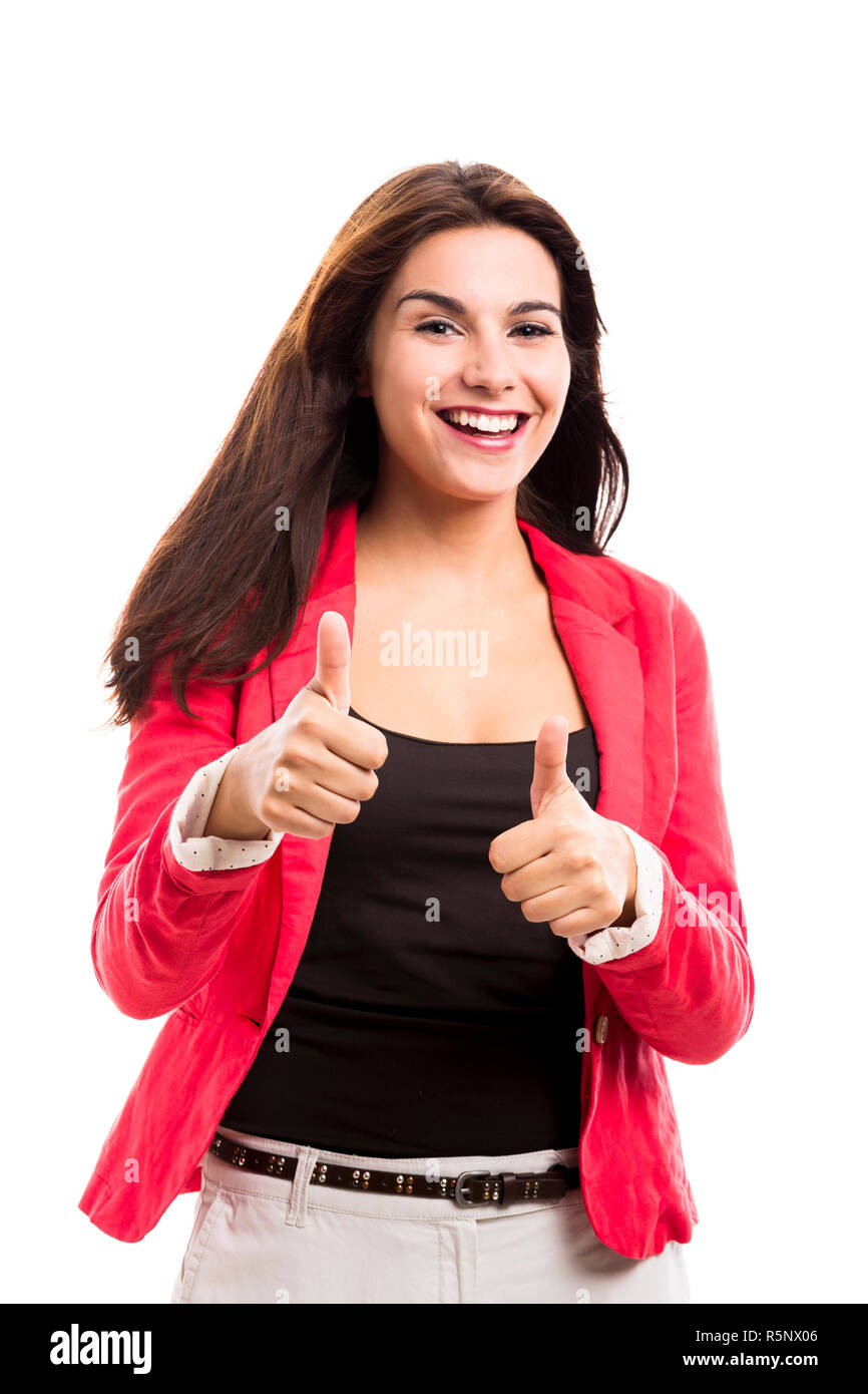 Business woman holding a shalk board on the hands, isolated over a ...