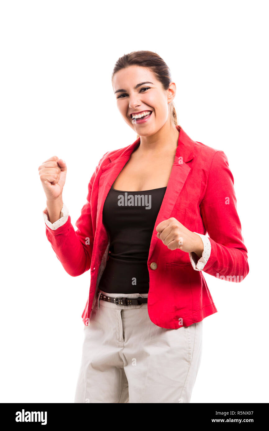 Business woman holding a shalk board on the hands, isolated over a ...