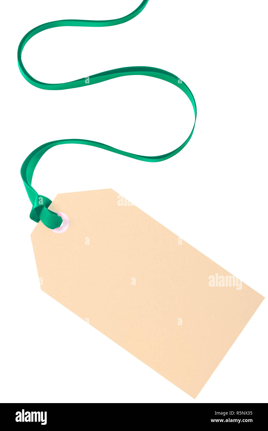 Plain gift tag green ribbon isolated white background Stock Photo - Alamy