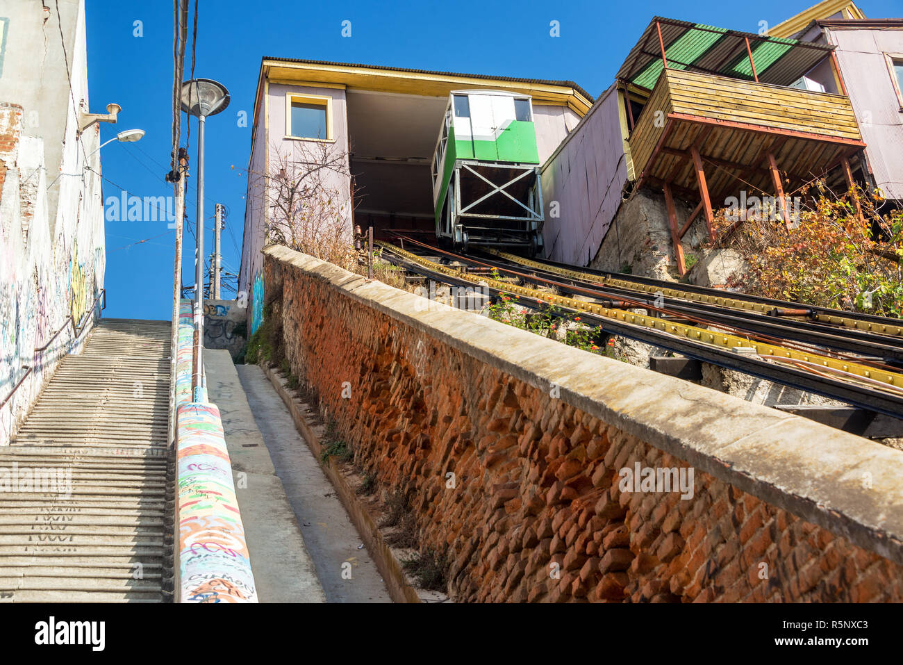 Stairs and Funicular in Valparaiso Stock Photo - Alamy