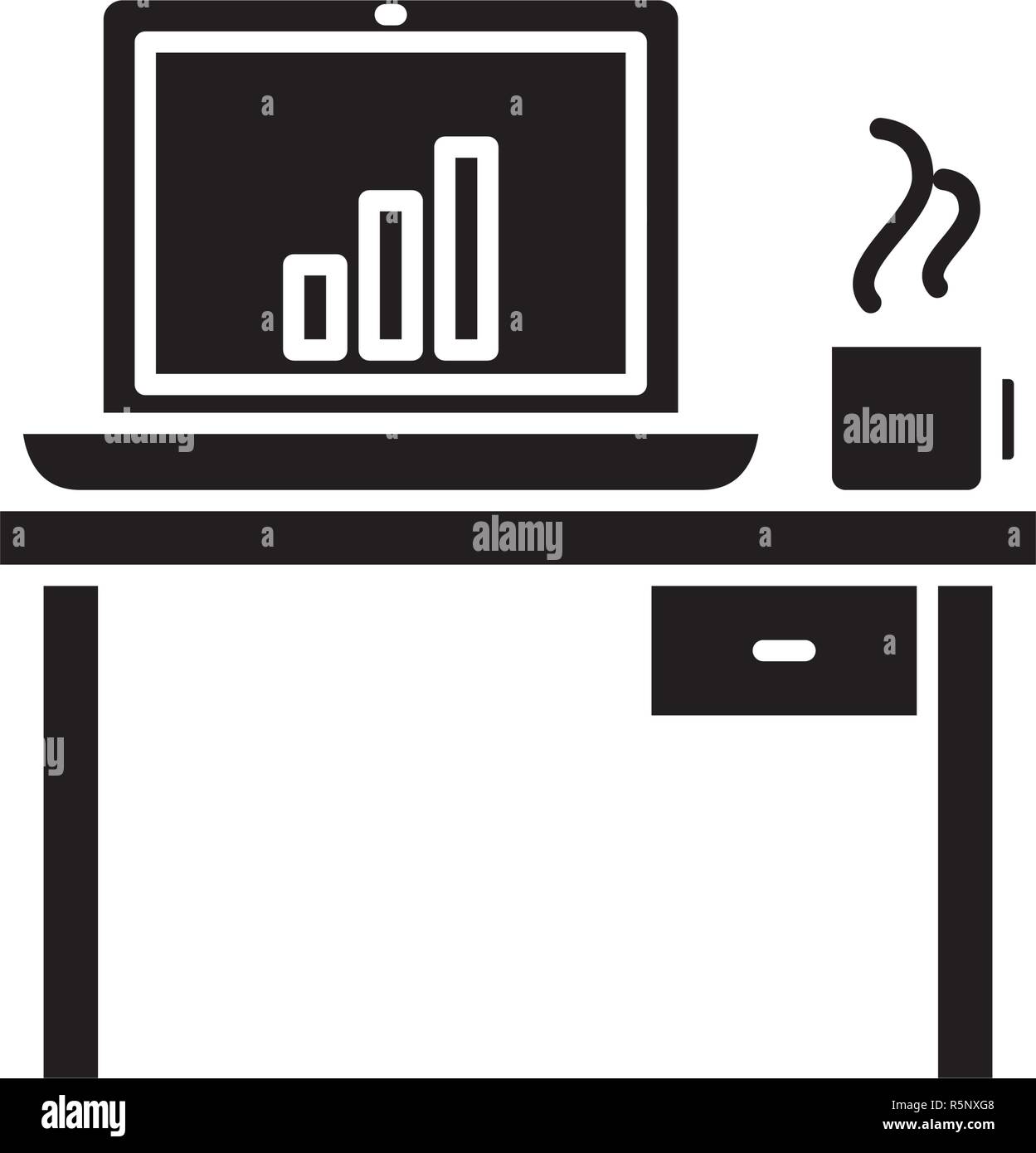 Computer desk black icon, vector sign on isolated background. Computer ...