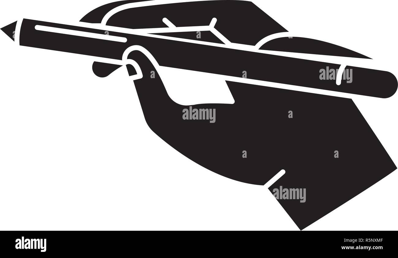 Pen in hand black icon, vector sign on isolated background. Pen in hand ...