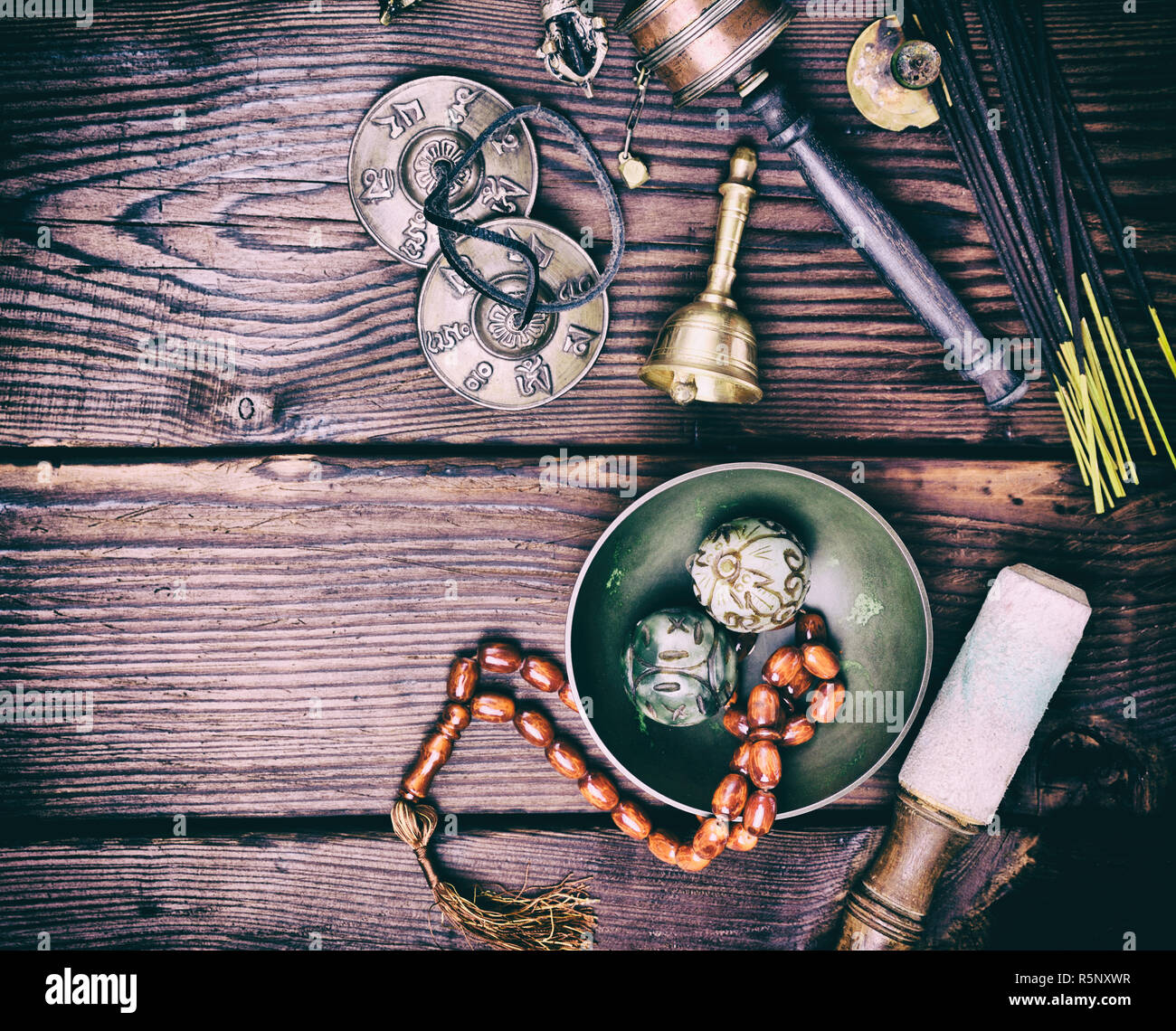 Tibetan singing bowl and other musical instruments for meditation Stock ...