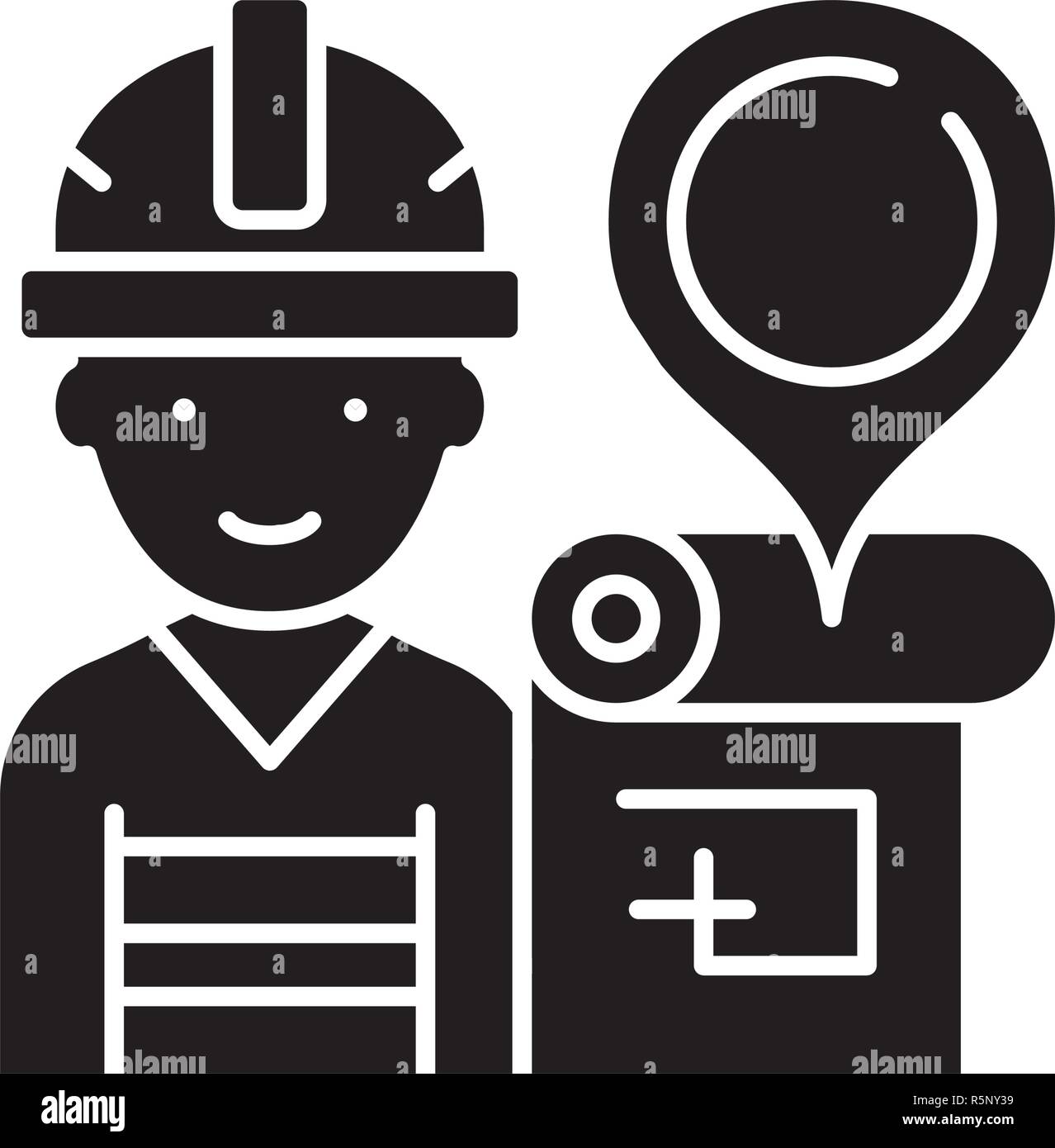 Engineer and house plan black icon, vector sign on isolated background ...