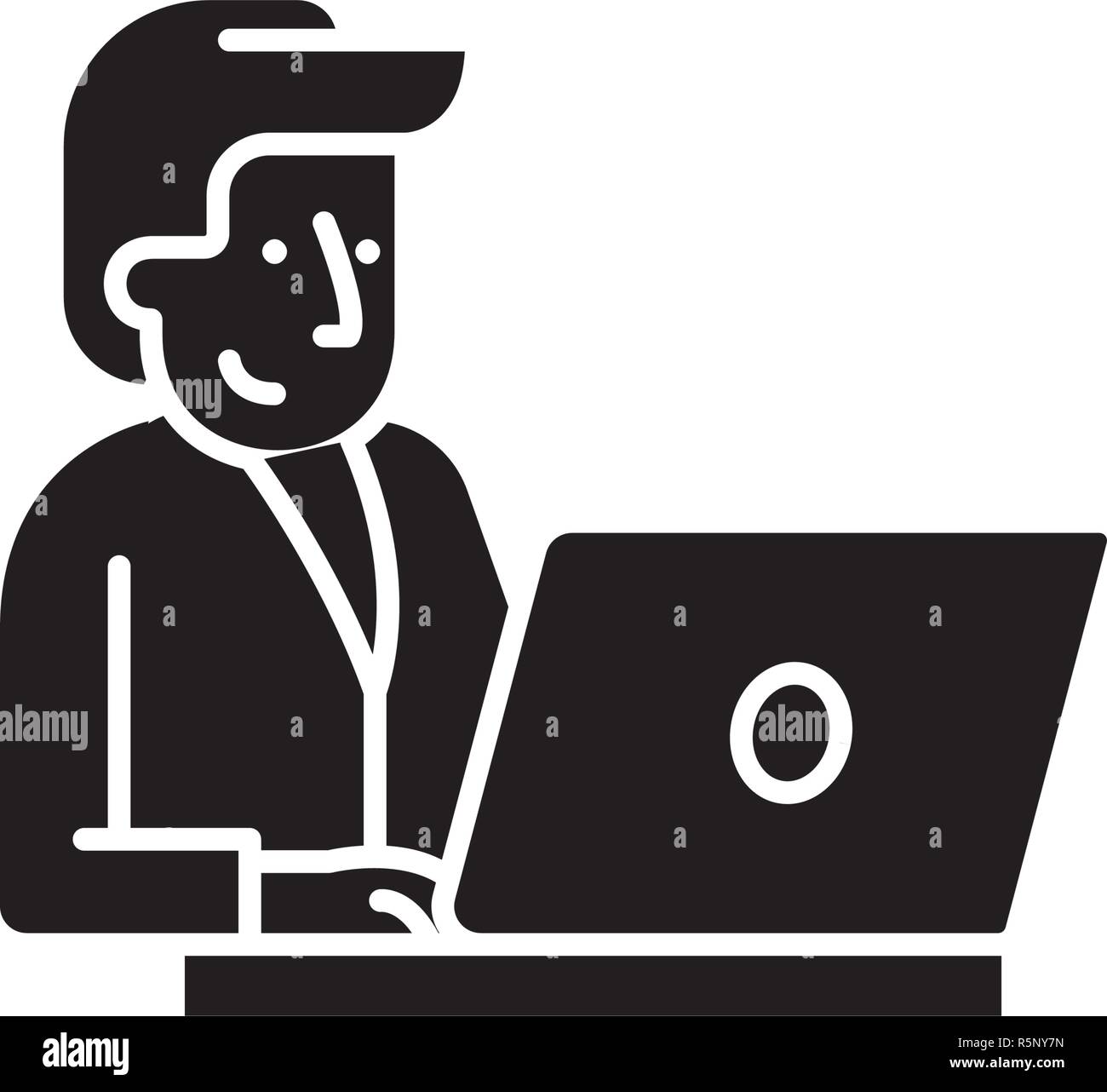 Businessman behind a laptop black icon, vector sign on isolated ...