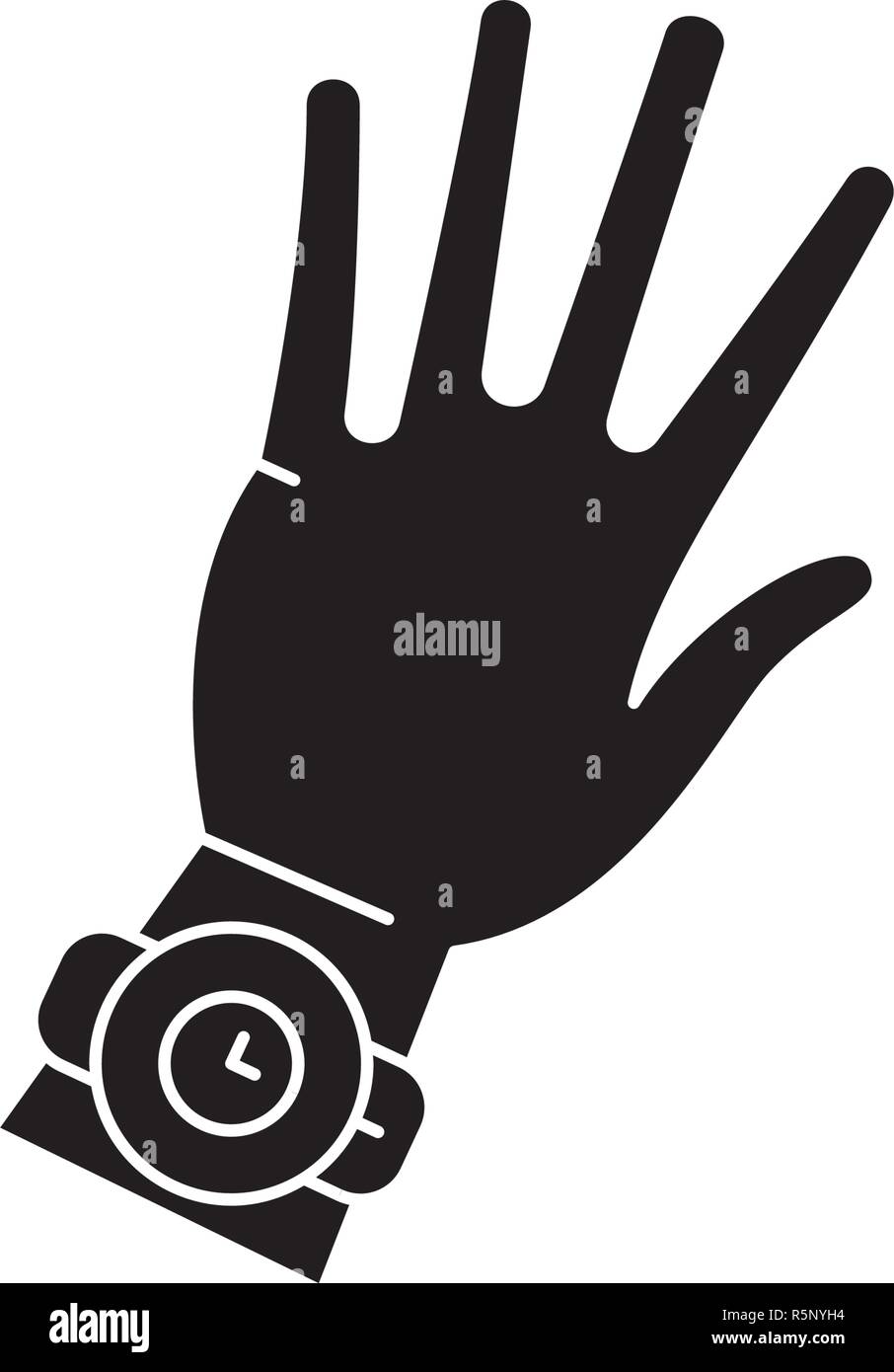 Watch on hand black icon, vector sign on isolated background. Watch on ...
