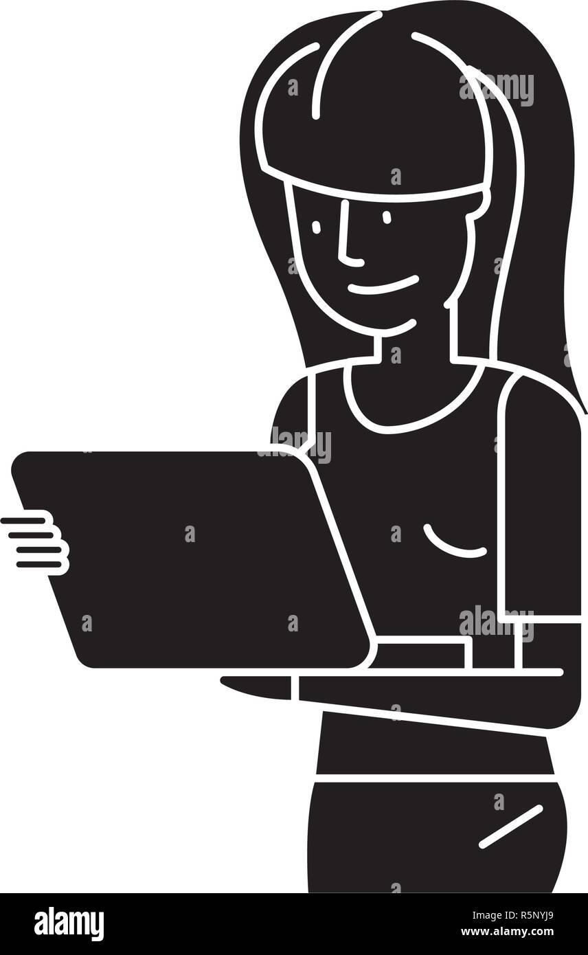 Girl watching movie on tablet black icon, vector sign on isolated ...