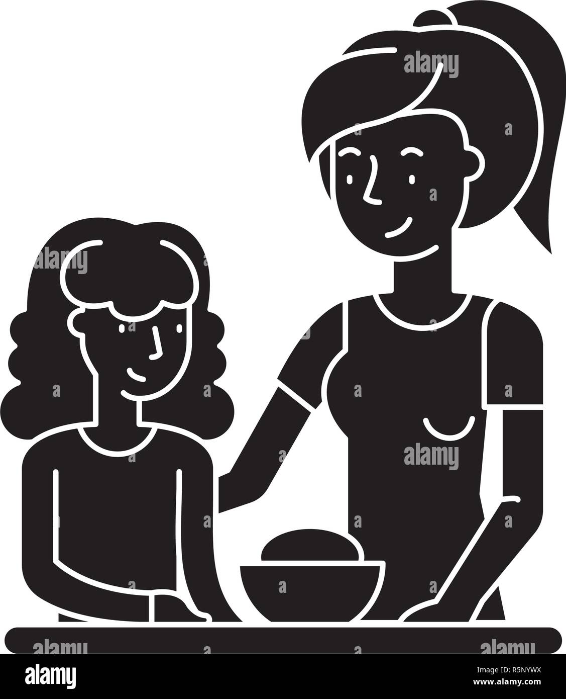 Mom and daughter black icon, vector sign on isolated background. Mom ...