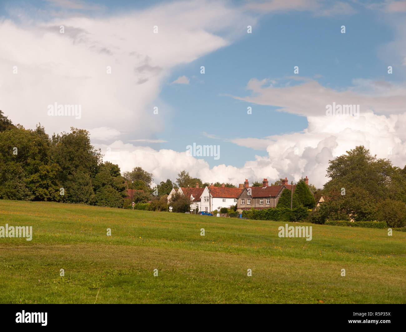 interesting sloped green lawn with country houses in background and ...