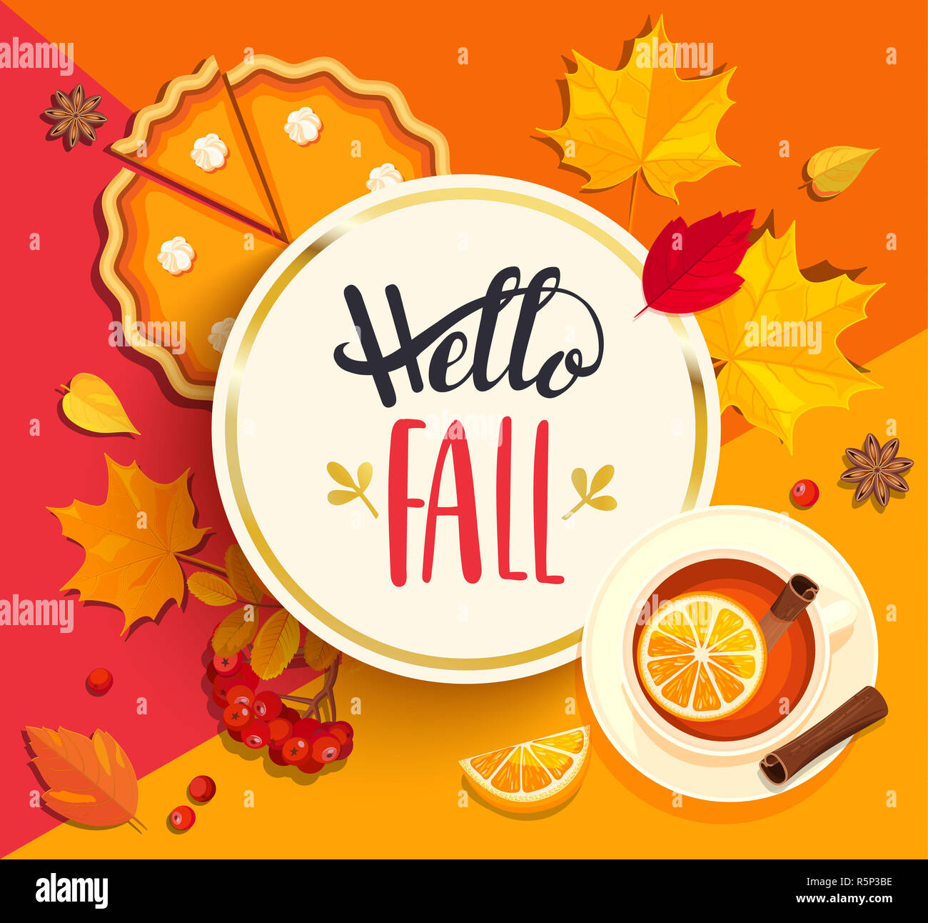 Hello Fall lettering in gold circle frame Stock Photo - Alamy