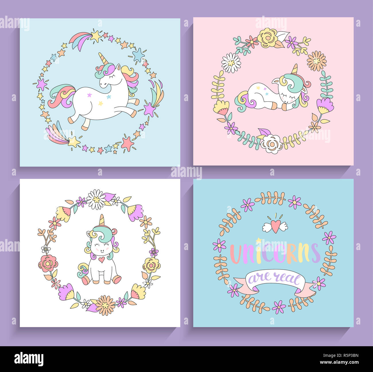 Set of magical unicorns cards with circle frames Stock Photo - Alamy