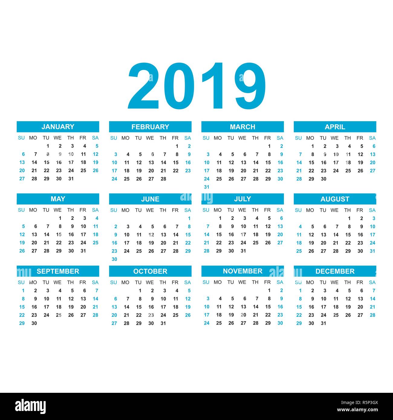 Calendar 2019 year in simple style. Calendar planner design template ...