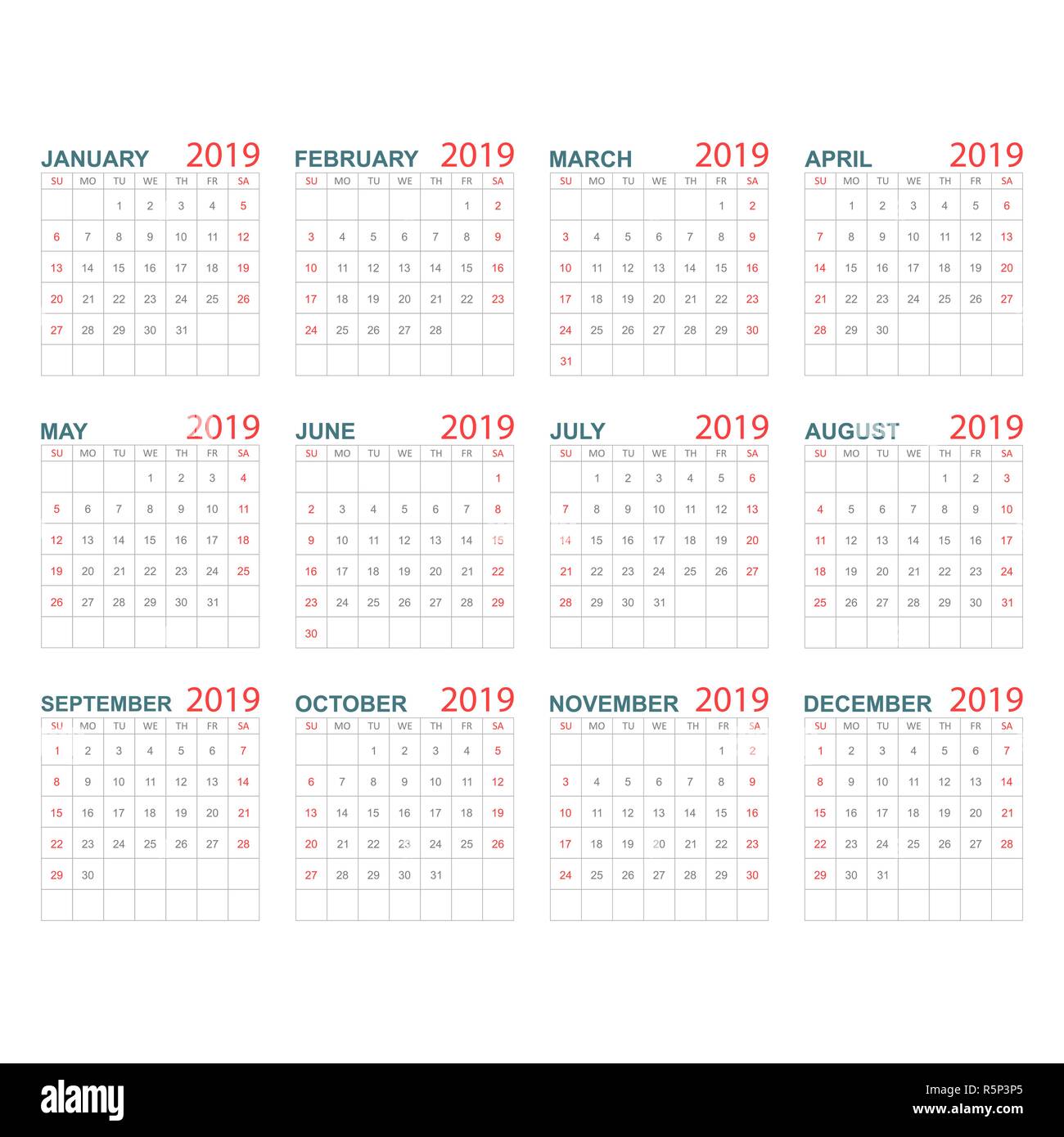 Calendar 2019 year in simple style. Calendar planner design template ...