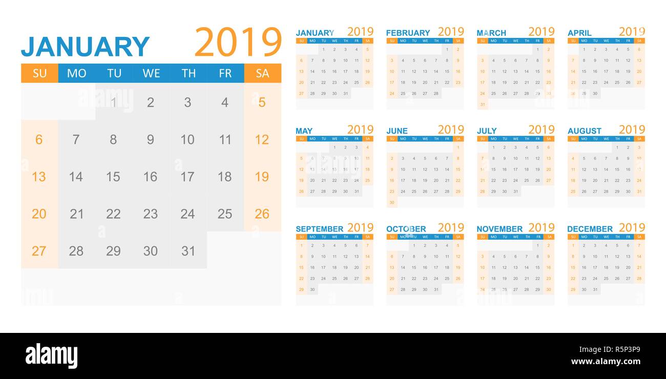 Calendar 2019 year in simple style. Calendar planner design template ...