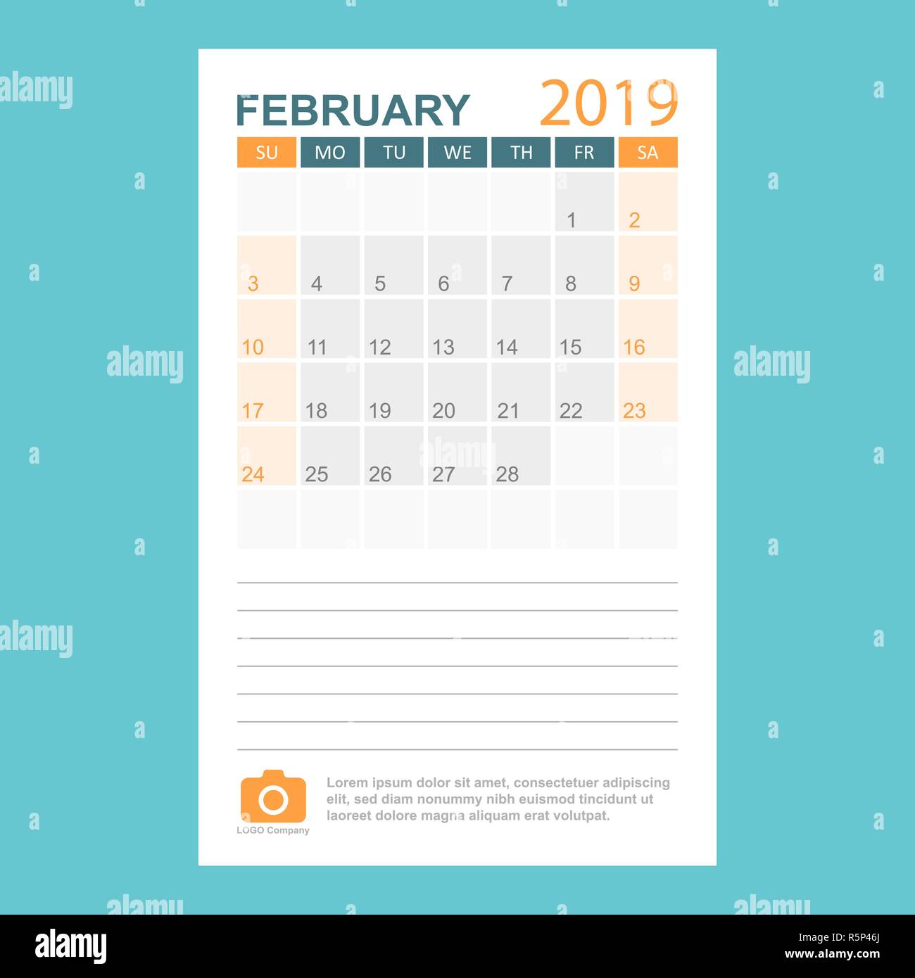 Calendar february 2019 year in simple style. Calendar planner design ...