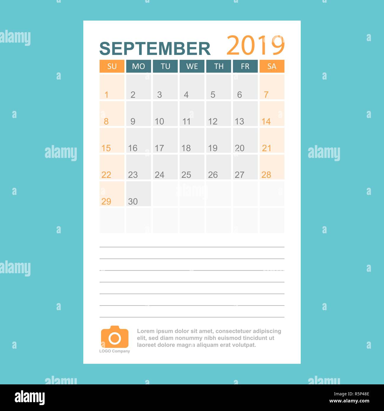 Calendar september 2019 year in simple style. Calendar planner design ...