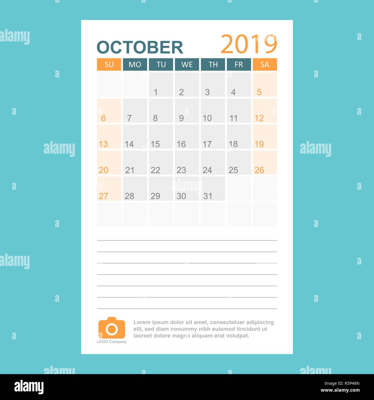 Calendar october 2019 year in simple style. Calendar planner design ...
